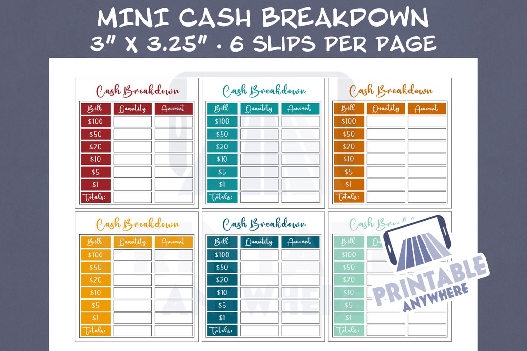 Cash Breakdown Slips Printable Bank Teller Slip Printable Budget Cash ...