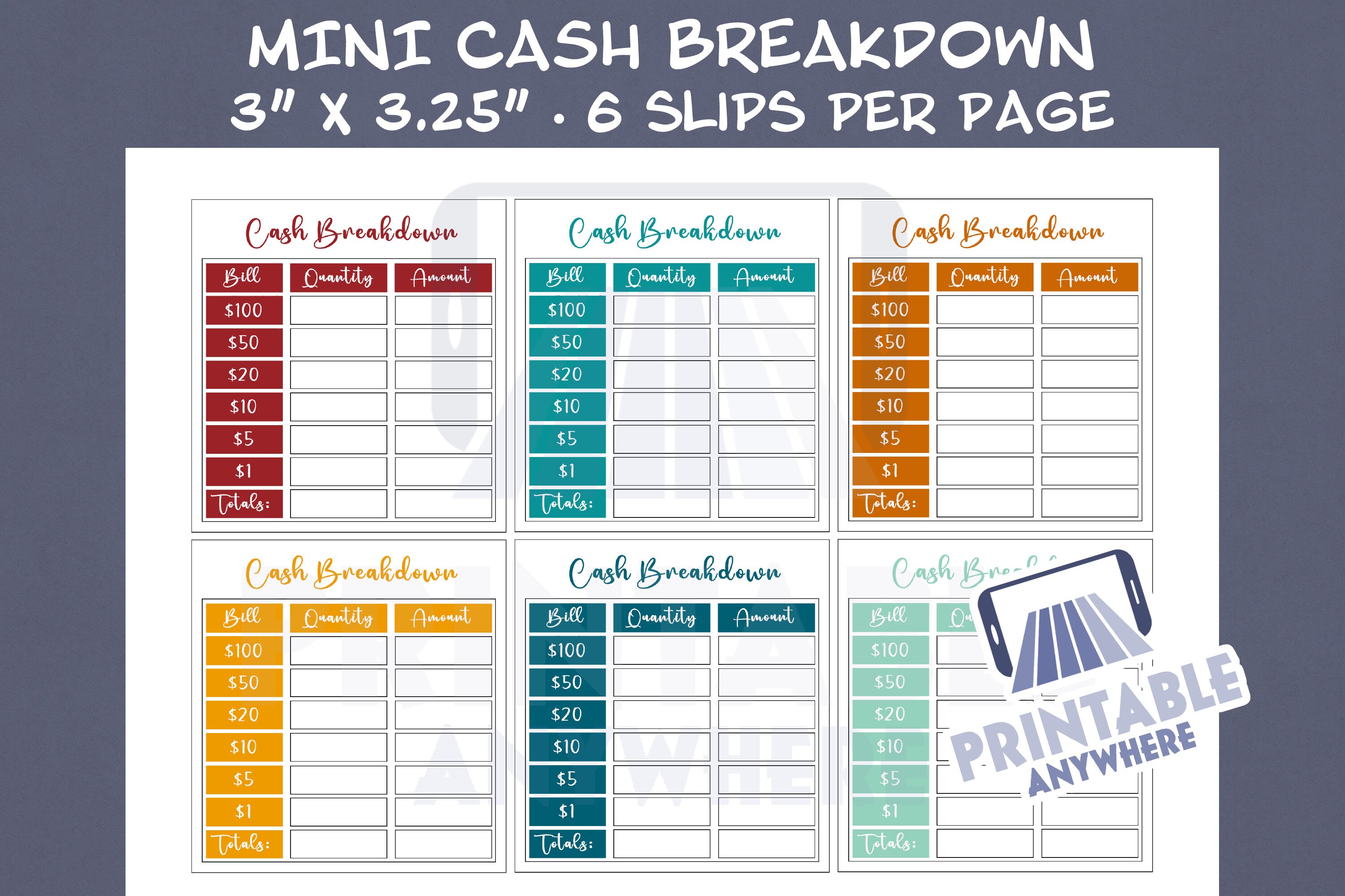 Cash Breakdown Slips Printable Bank Teller Slip Printable Budget Cash ...
