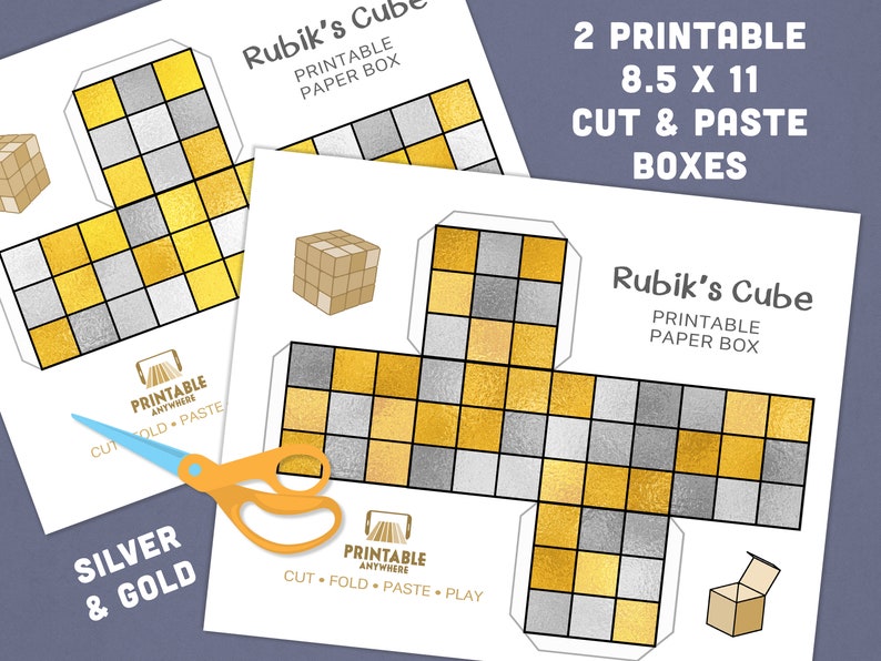 Printable Rubiks Cube Party Favors Box Gold & Silver Cube Favor Boxes ...