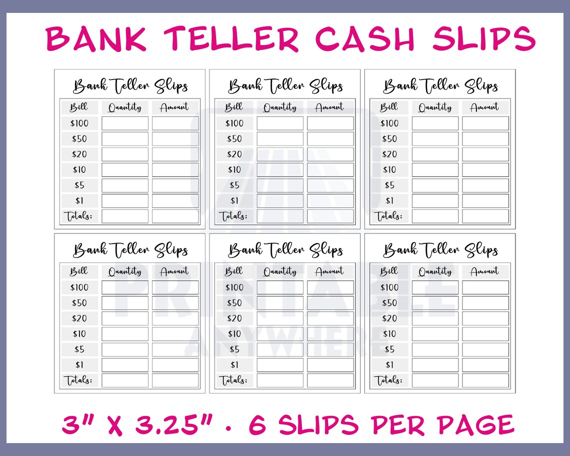 Cash Breakdown Slip Printable Mini Bank Teller Slip Printable Cash ...