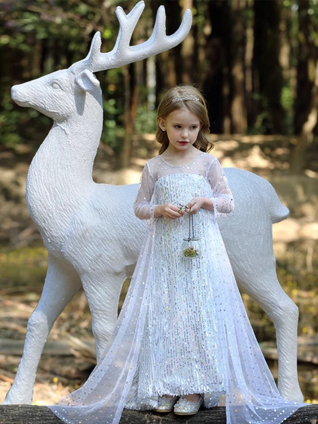 White Shimmer Sequin Sparkle Frozen Elsa Princess Dress With Train and ...