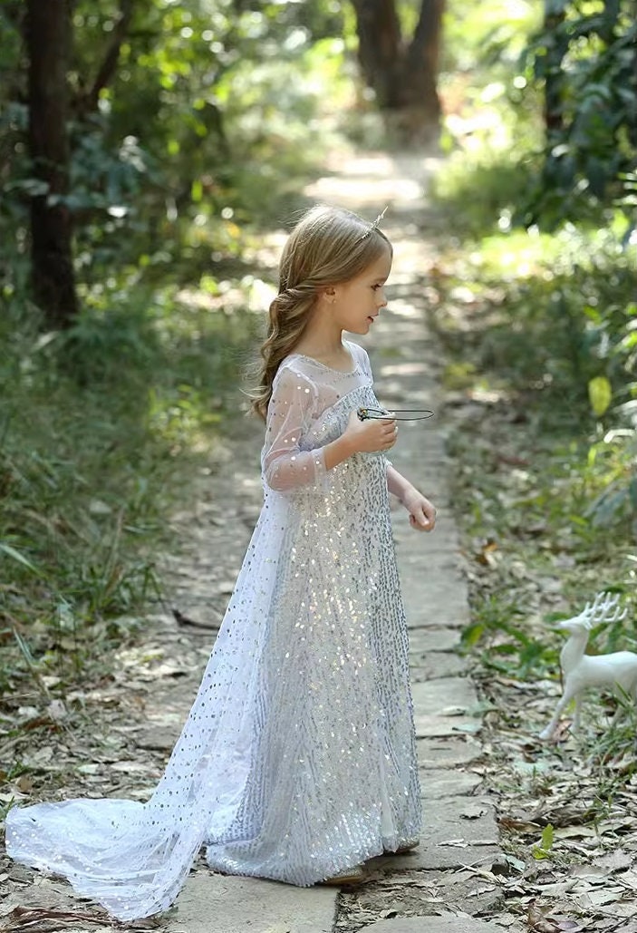 White Shimmer Sequin Sparkle Frozen Elsa Princess Dress With Train and ...