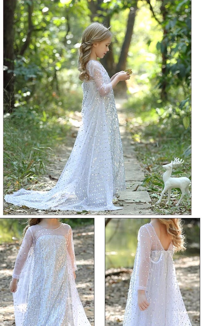 White Shimmer Sequin Sparkle Frozen Elsa Princess Dress With Train and ...
