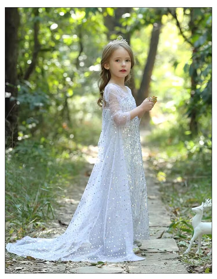 White Shimmer Sequin Sparkle Frozen Elsa Princess Dress With Train and ...