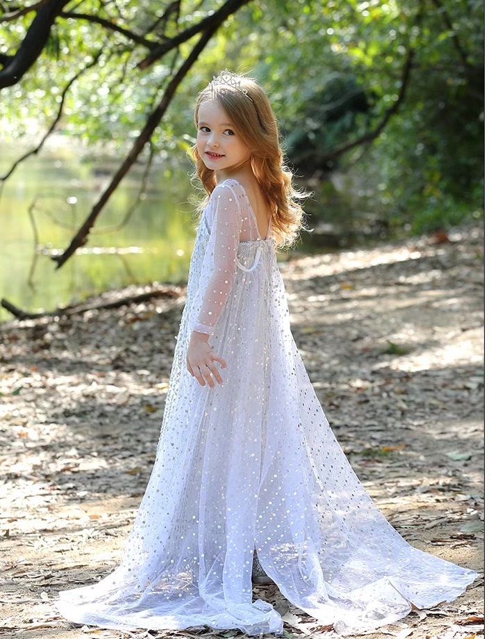 White Shimmer Sequin Sparkle Frozen Elsa Princess Dress With Train and ...
