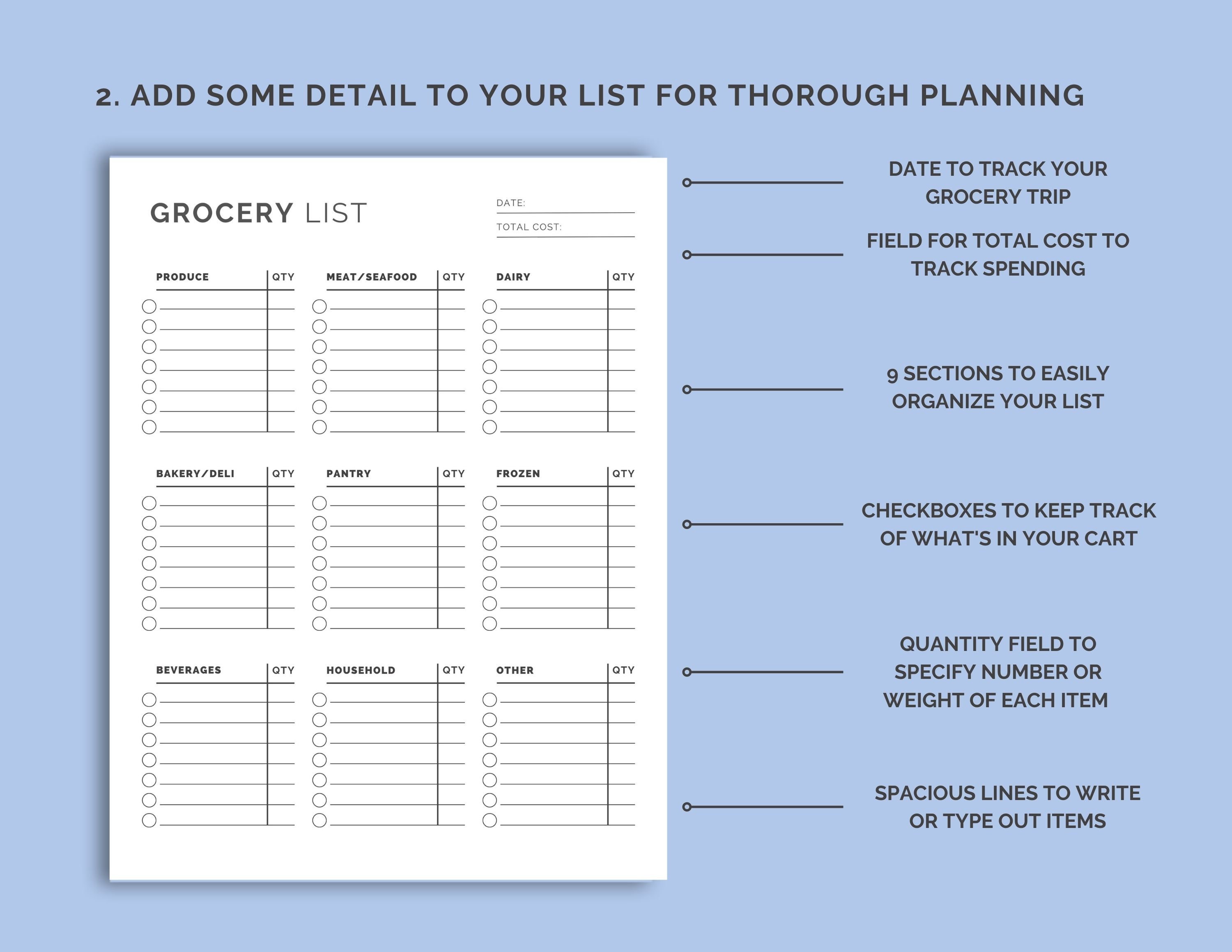 Grocery List Printable Template | Grocery Planner | Food Shopping List ...
