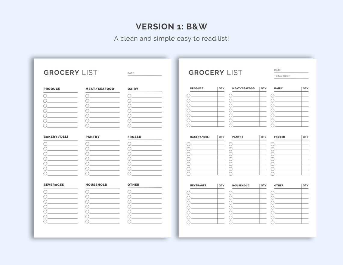 Grocery List Printable Template | Grocery Planner | Food Shopping List ...