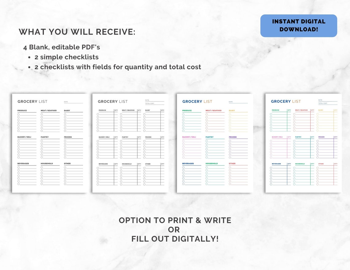 Grocery List Printable Template | Grocery Planner | Food Shopping List ...