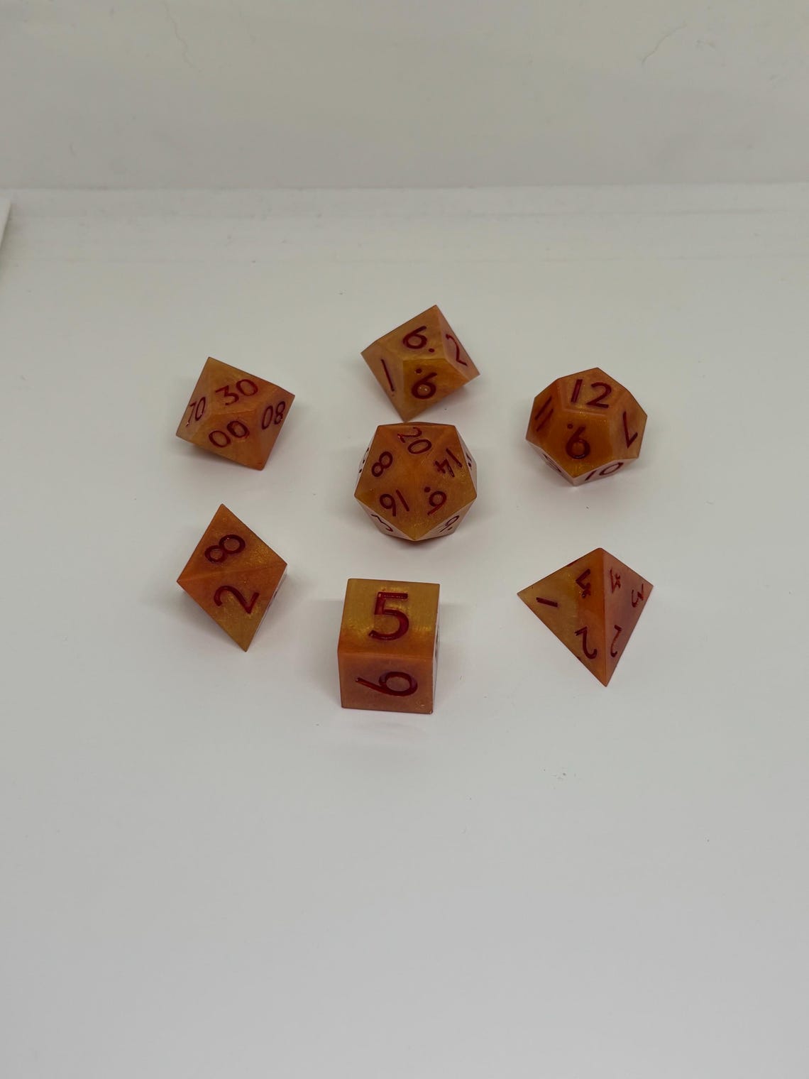 Handmade Sharp Edge Dnd Dice, 7 Piece Set - Gold and Orange Resin With ...