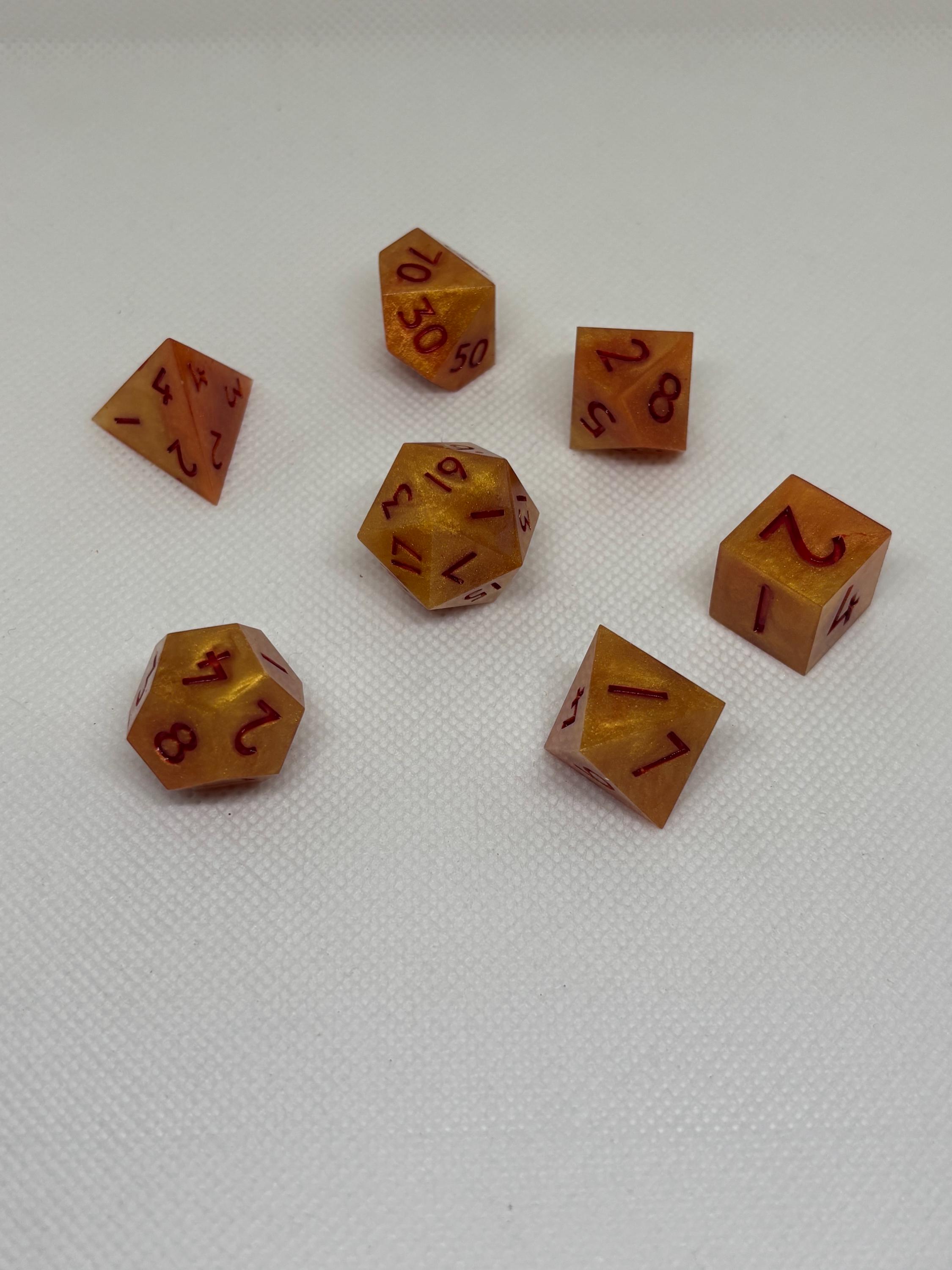 Handmade Sharp Edge Dnd Dice, 7 Piece Set - Gold and Orange Resin With ...