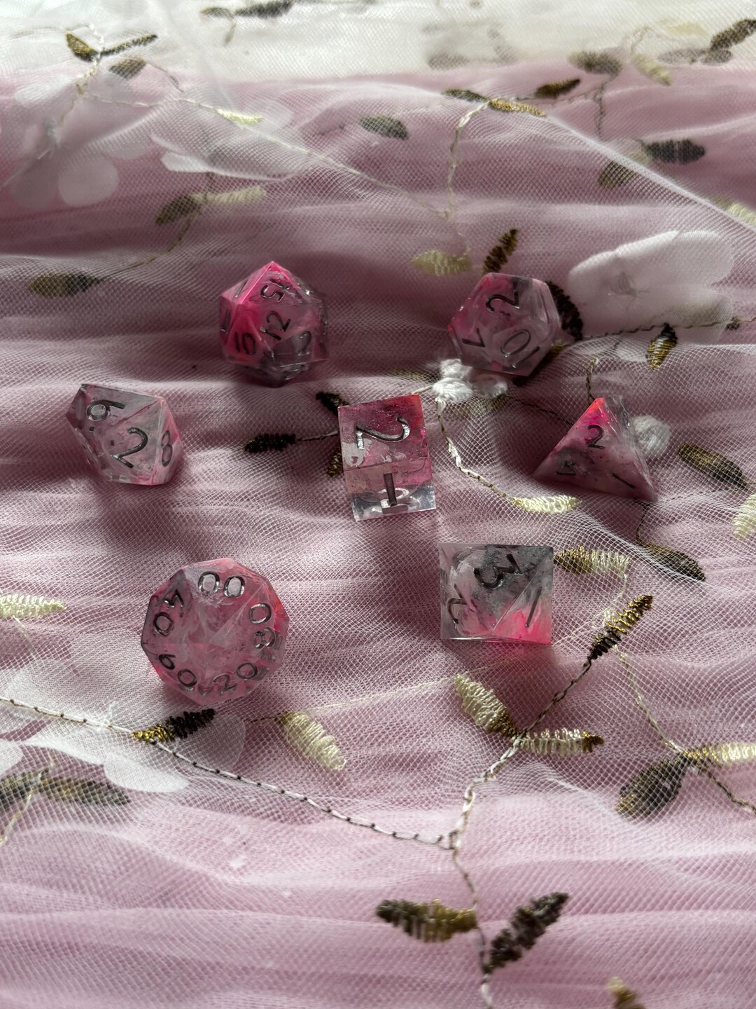 Handmade Sharp Edge Dnd Dice, 7 Piece Set - Clear Dice With Pink, White ...