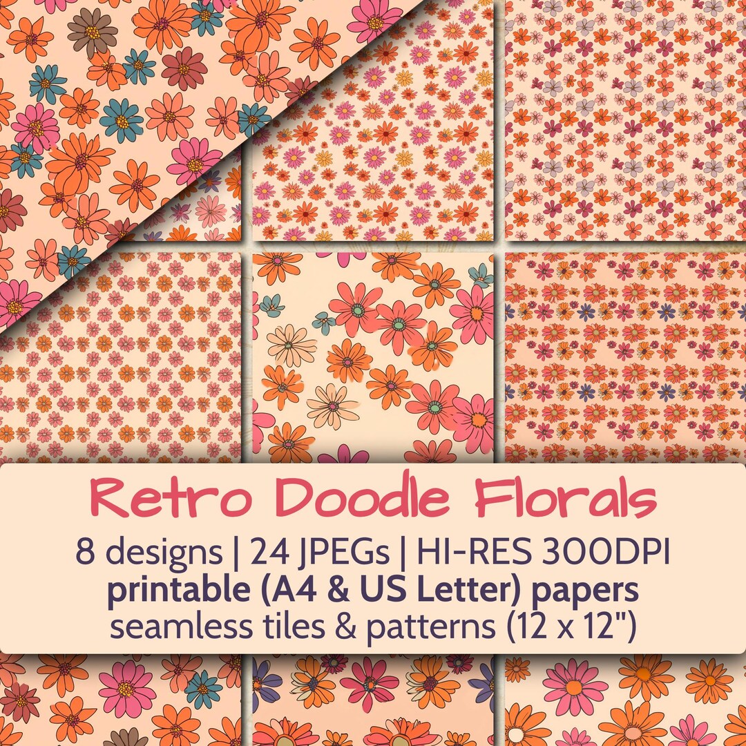 Pink 70s Floral Digital Paper | Retro Seamless Patterns (printable) - Etsy
