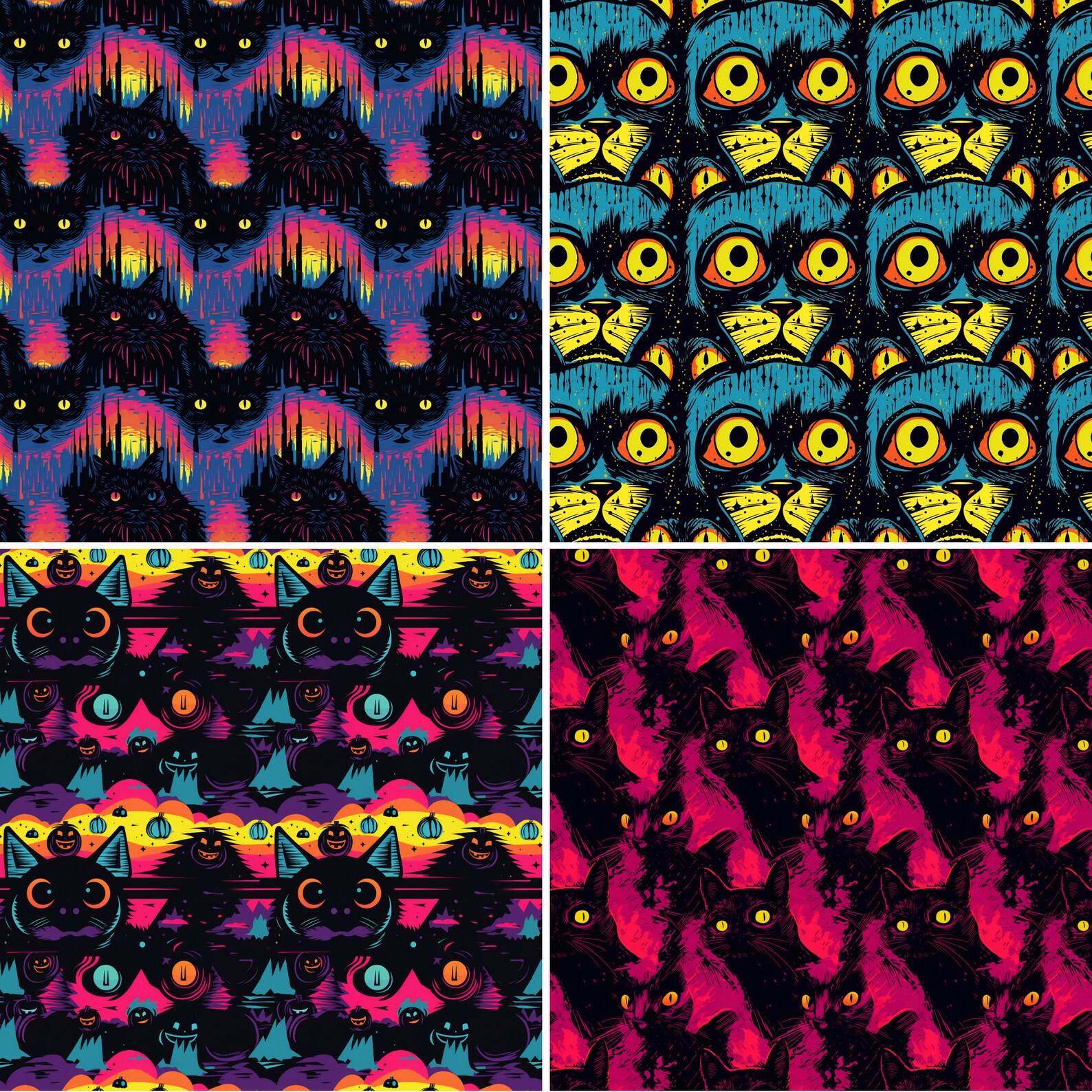 Black Cats SEAMLESS Patterns Bundle Printable Halloween Spooky Cat ...