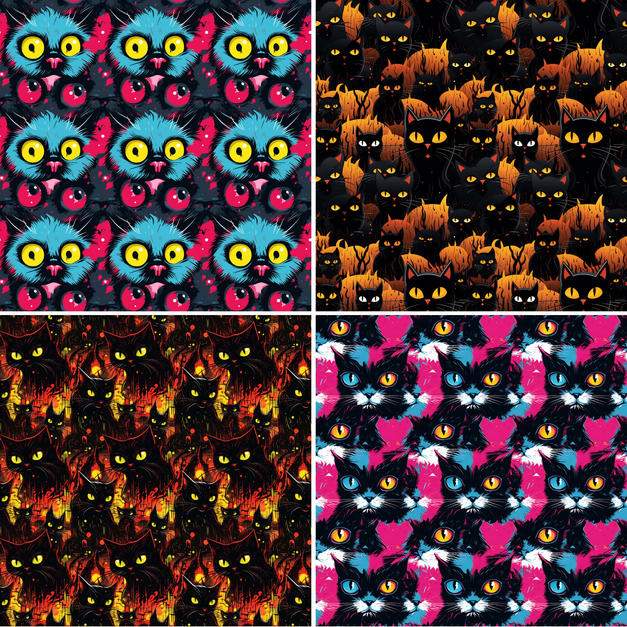 Black Cats SEAMLESS Patterns Bundle Printable Halloween Spooky Cat ...