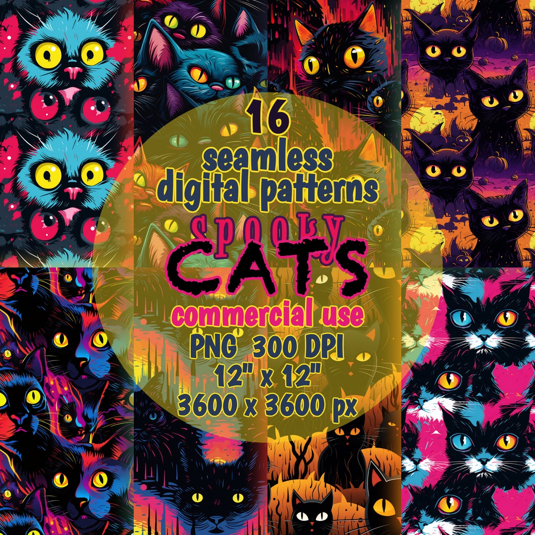 Black Cats SEAMLESS Patterns Bundle Printable Halloween Spooky Cat ...