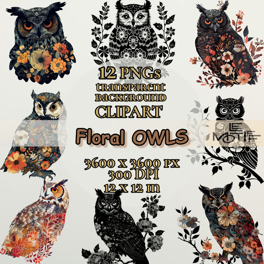 Floral Owls CLIPART Bundle of 12, Ominous Birds & Flowers Clip Art Pack ...