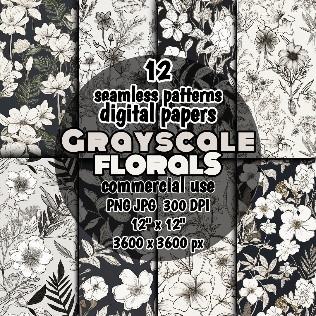 Black & White Floral DIGITAL Papers Printable Grayscale Flowers ...