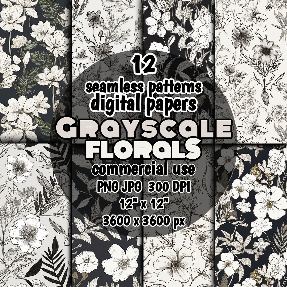 Black & White Floral DIGITAL Papers Printable Grayscale Flowers ...