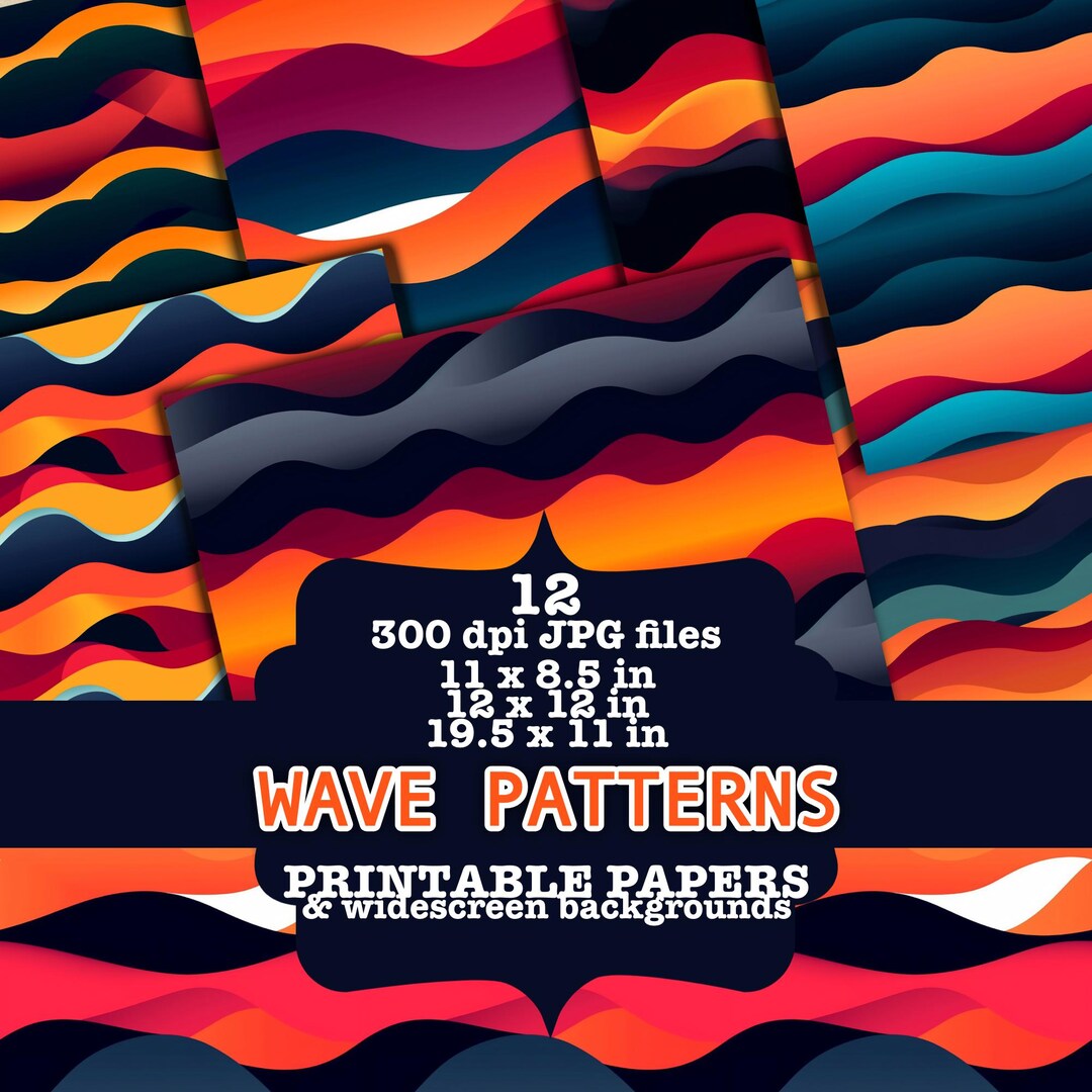 Fiery Wave Patterned PRINTABLES | Layered Vibrant Waves SEAMLESS Papers ...