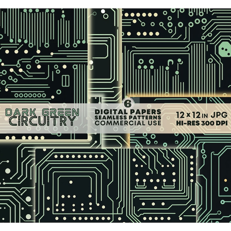 Dark Green Circuit Board SEAMLESS Patterns Printable Circuitry DIGITAL Papers Tech Backgrounds ...