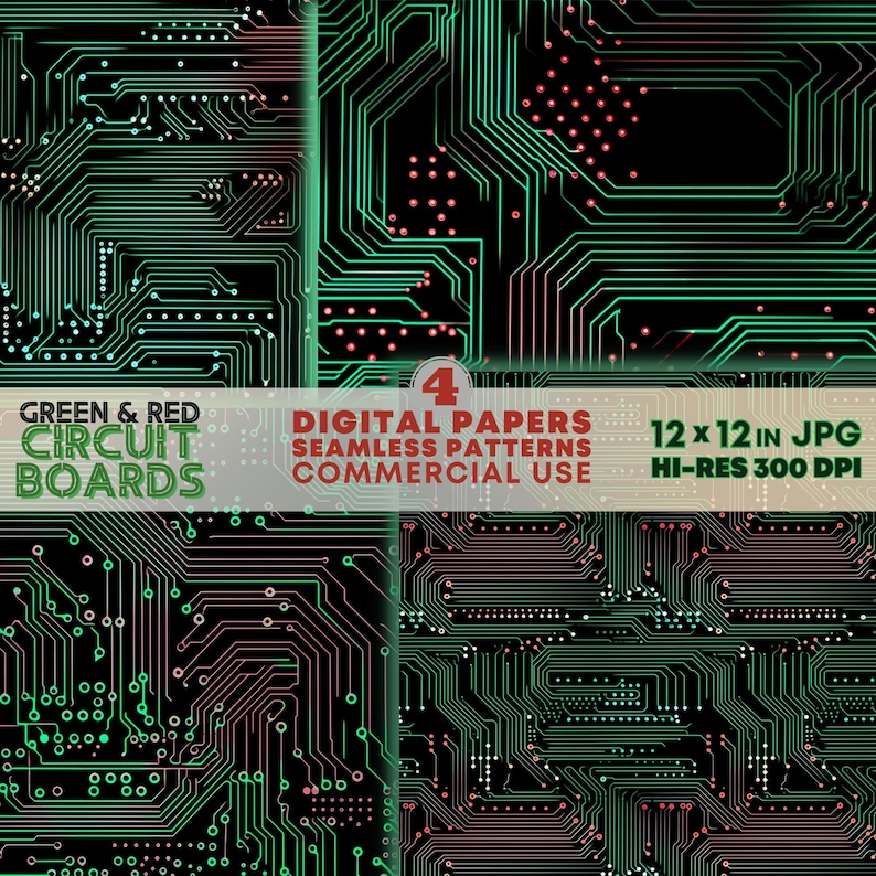 Green & Red Circuit Boards SEAMLESS Patterns JPG Printable Vibrant ...