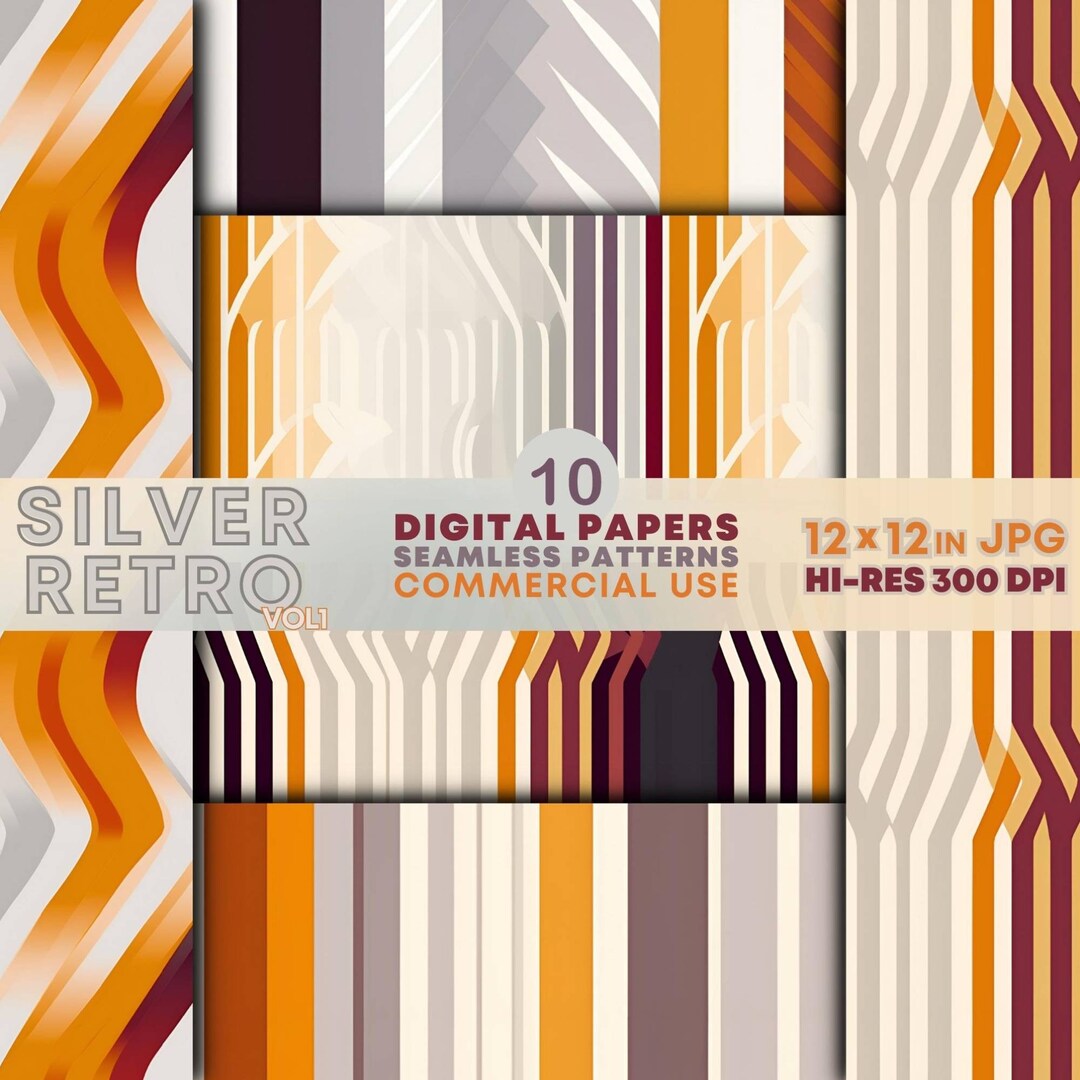 Silver Retro Digital Papers Printable Lines Curves Stripes Seamless ...