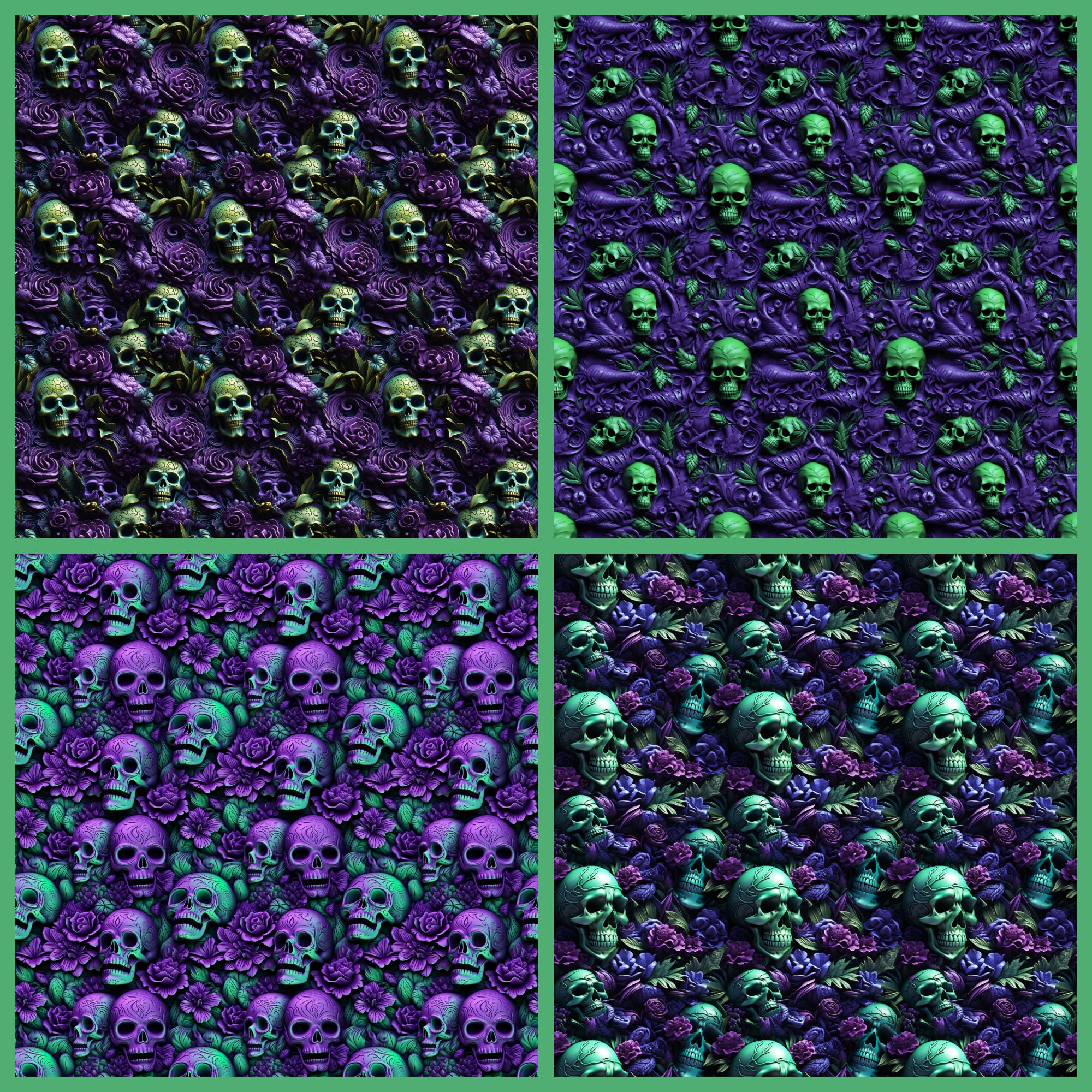 3D Skulls SEAMLESS Patterns PNG JPG Printable Embossed Florals Digital ...