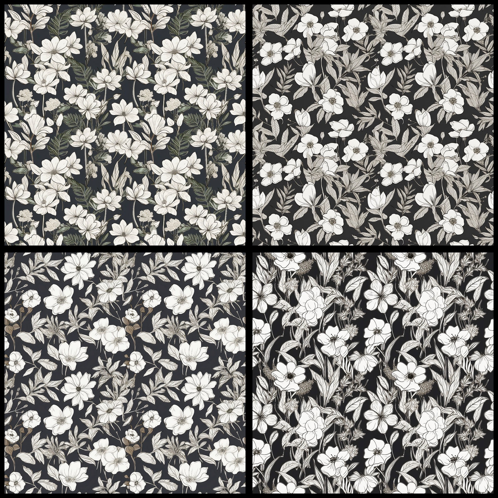 Black & White Floral DIGITAL Papers Printable Grayscale Flowers ...