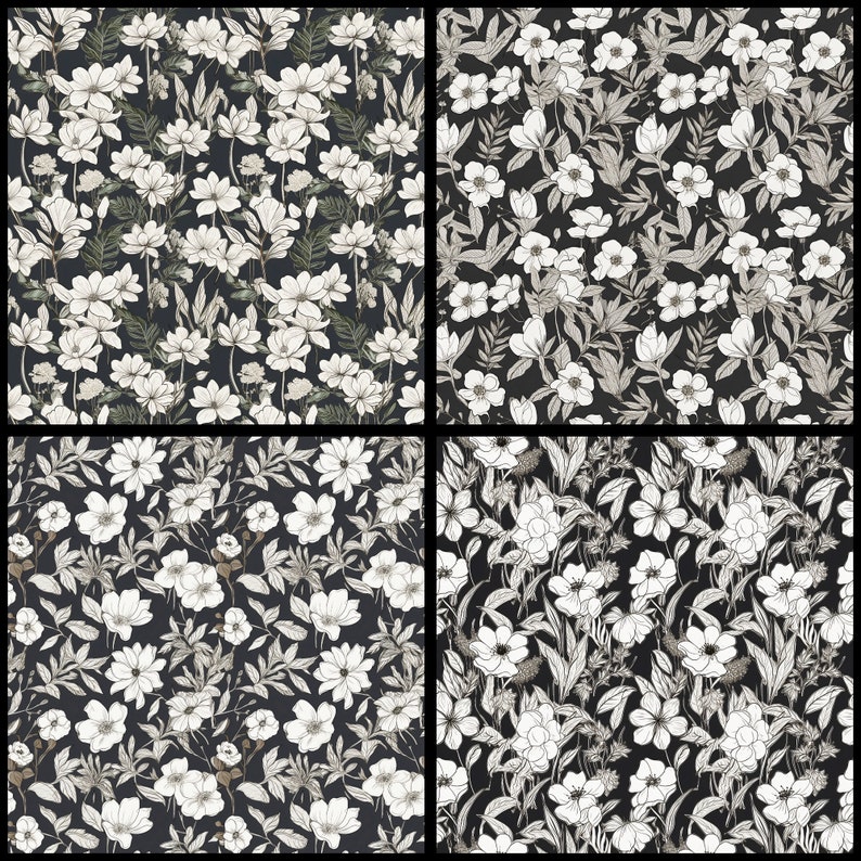 Black & White Floral DIGITAL Papers Printable Grayscale Flowers ...
