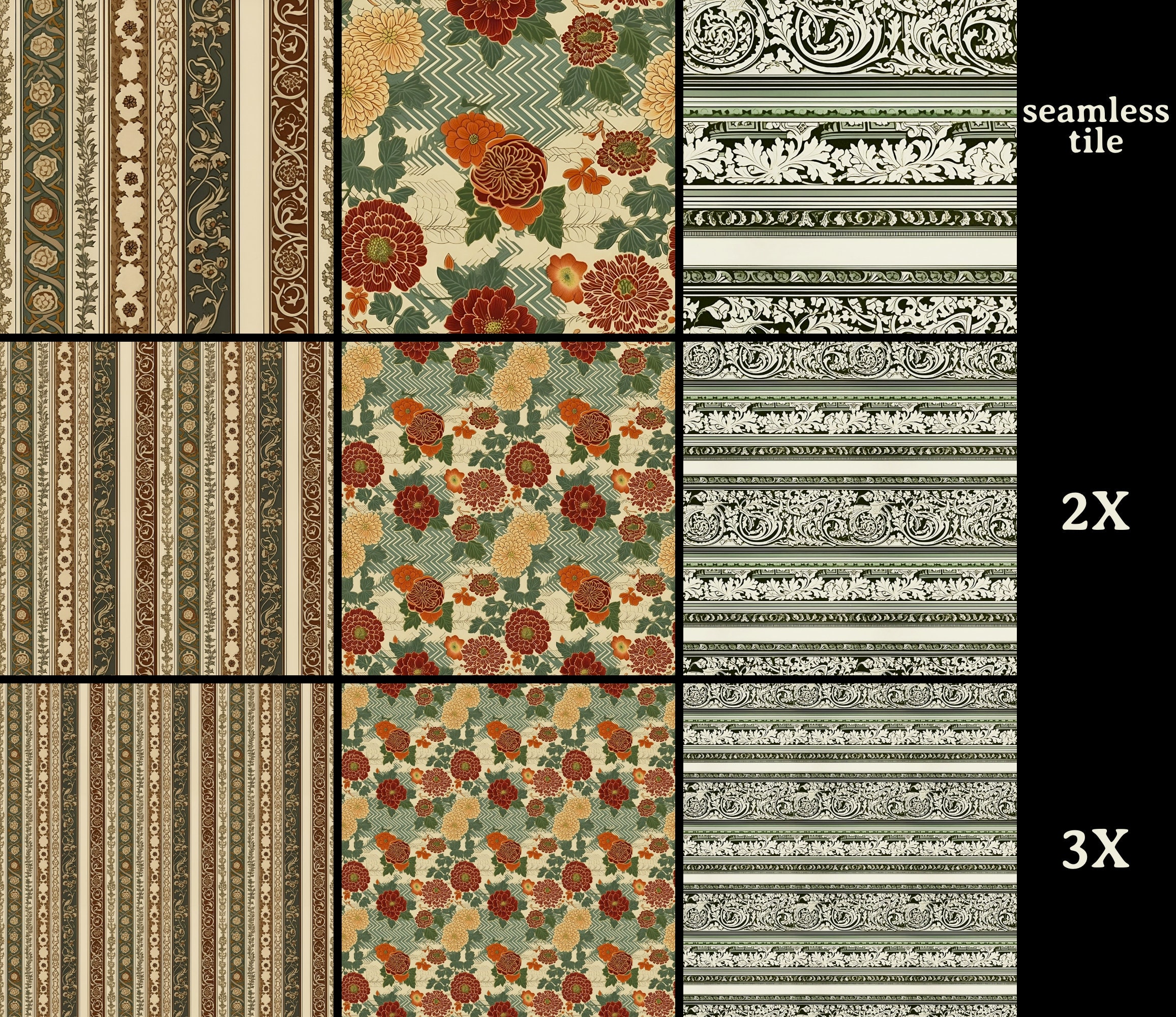 Antique Florals Digital Papers JPG Printable Medieval Decorative ...