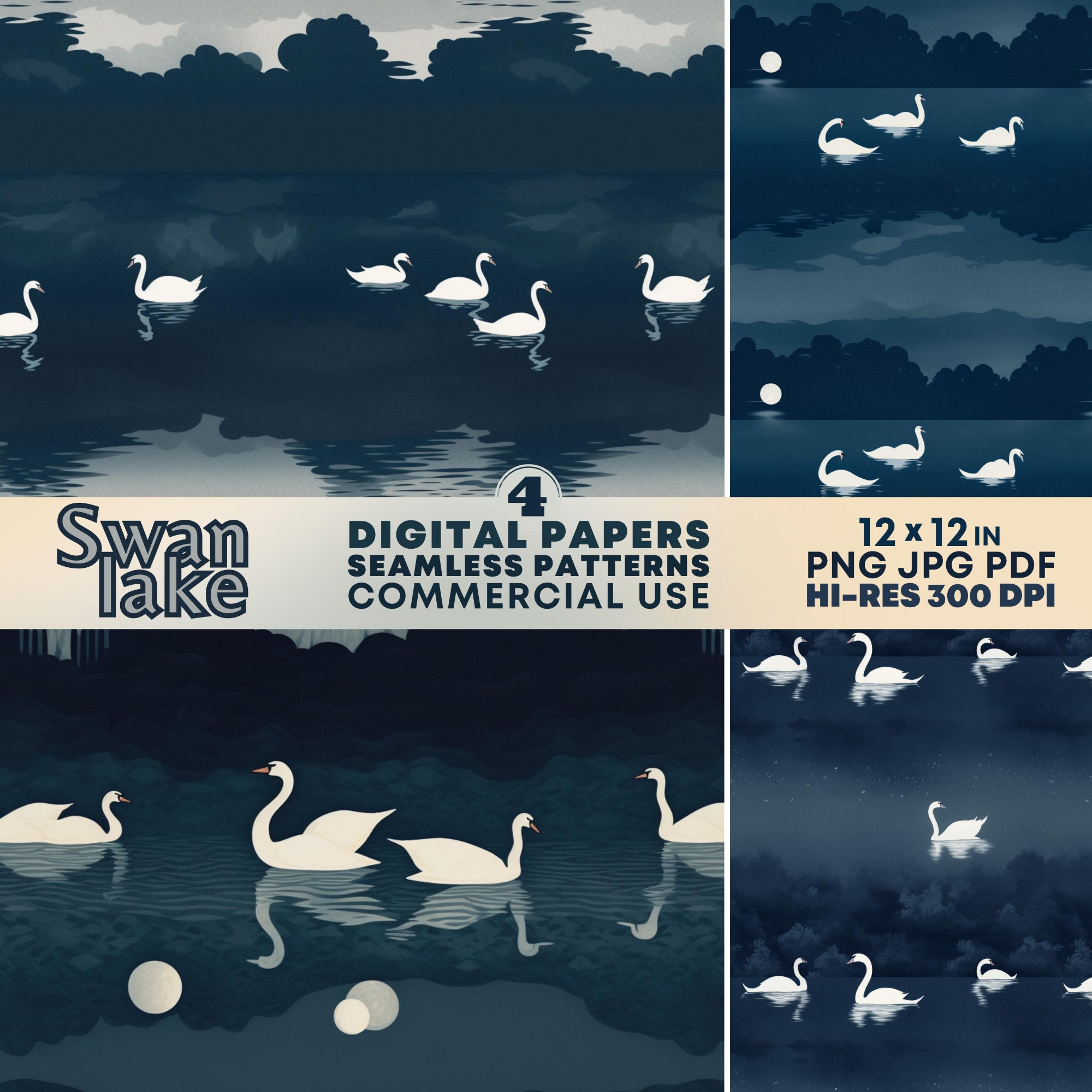 Swan Lake SEAMLESS Patterns Printable White Swans DIGITAL Papers ...