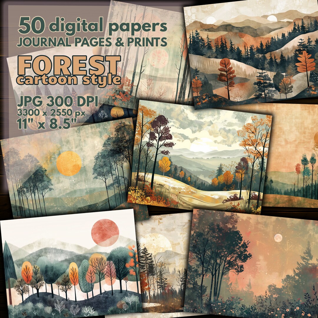 Forest Landscapes Printable Papers, Colorful Woods DIGITAL Backgrounds ...