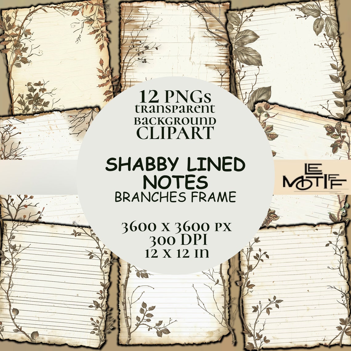 CLIPART Aged Paper Notes, DIGITAL Shabby Lined Notes Pages, Branches ...