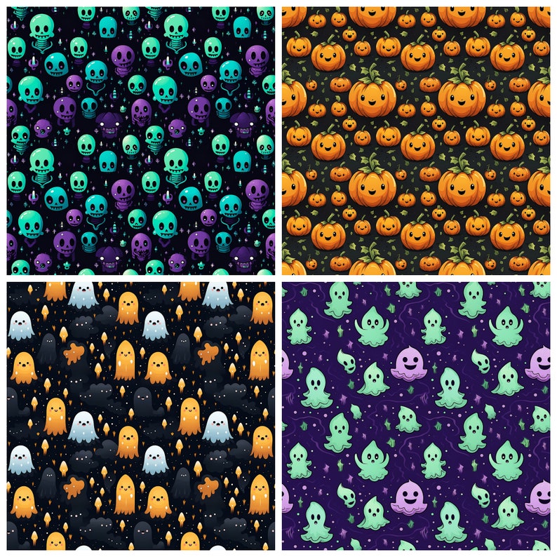 Kawaii Halloween Digital Papers PNG Printable Spooky Seamless Patterns ...