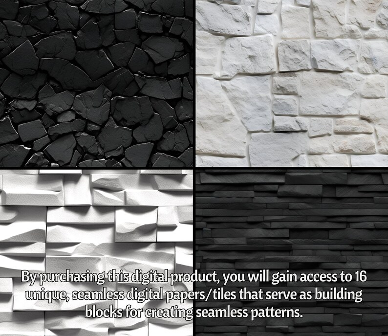 Brick & Stone Wall Textures DIGITAL Papers Printable Black White Walls ...