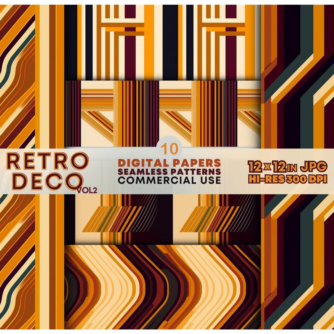 Retro Deco Striped Digital Papers Printable Zig Zag Wavy Mid Century ...