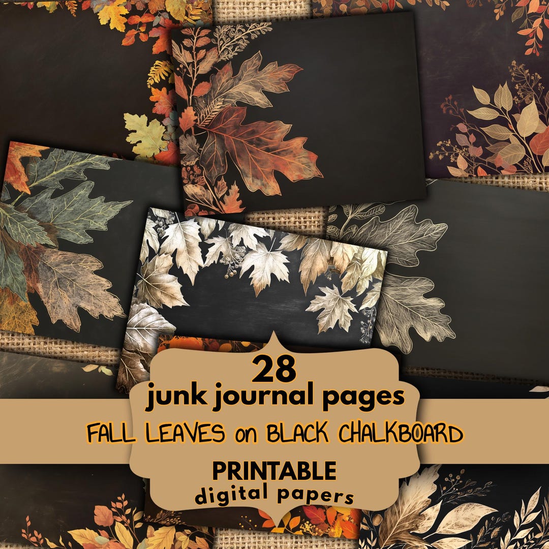 Black Chalkboard Fall Leaves Junk Journal Pages, Autumn Foliage Black ...