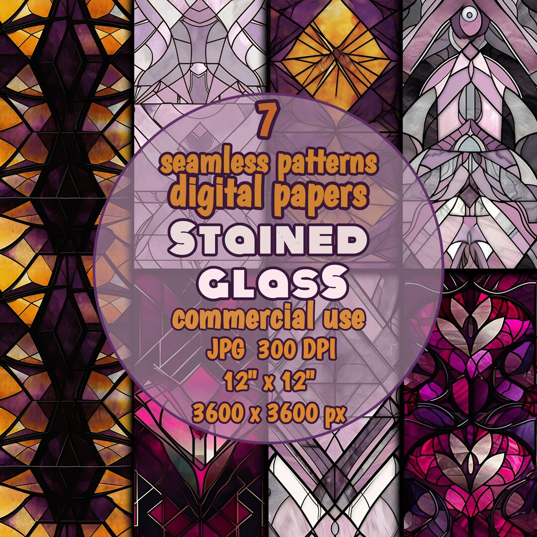 Modern DIGITAL Stained Glass Patterns, SEAMLESS Decorative Geometric ...