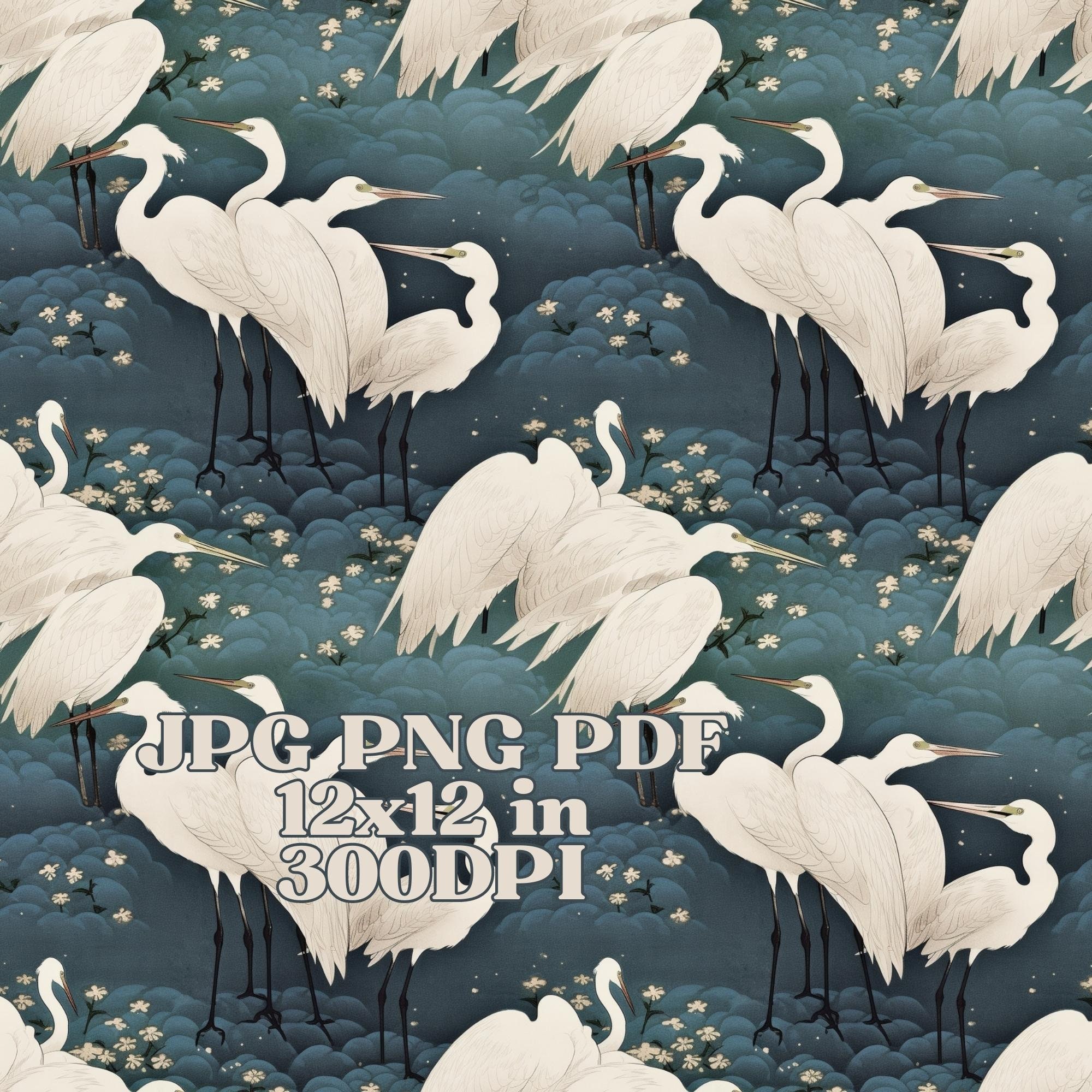 Japanese Birds SEAMLESS Patterns Printable Egret DIGITAL Papers Ohara ...