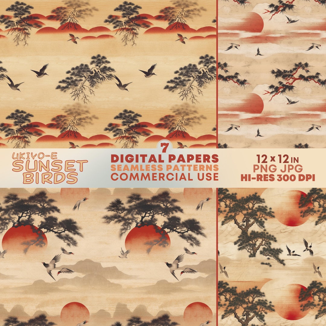 Japanese Birds SEAMLESS Patterns Printable Hokusai Inspired Sunset ...