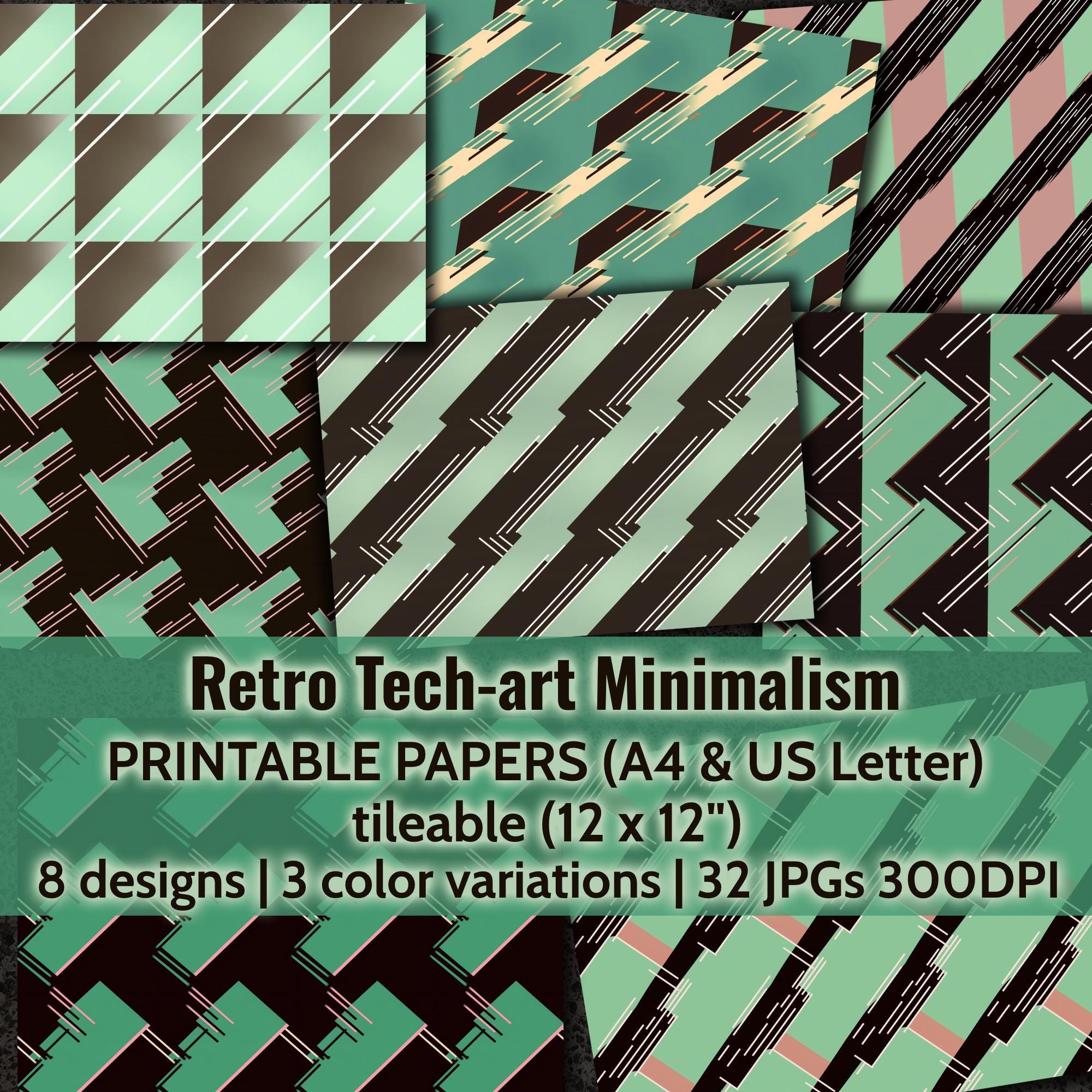 Retro Tech-art Minimalist Printable Digital Papers, Bold Lines ...