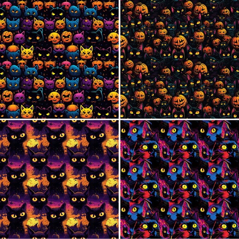 Black Cats SEAMLESS Patterns Bundle Printable Halloween Spooky Cat ...