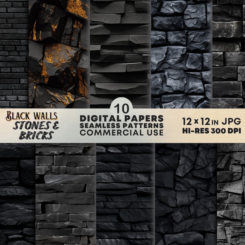 Dramatic Dark Stone / Brick DIGITAL Textures Pack - Black & Gray Gothic ...