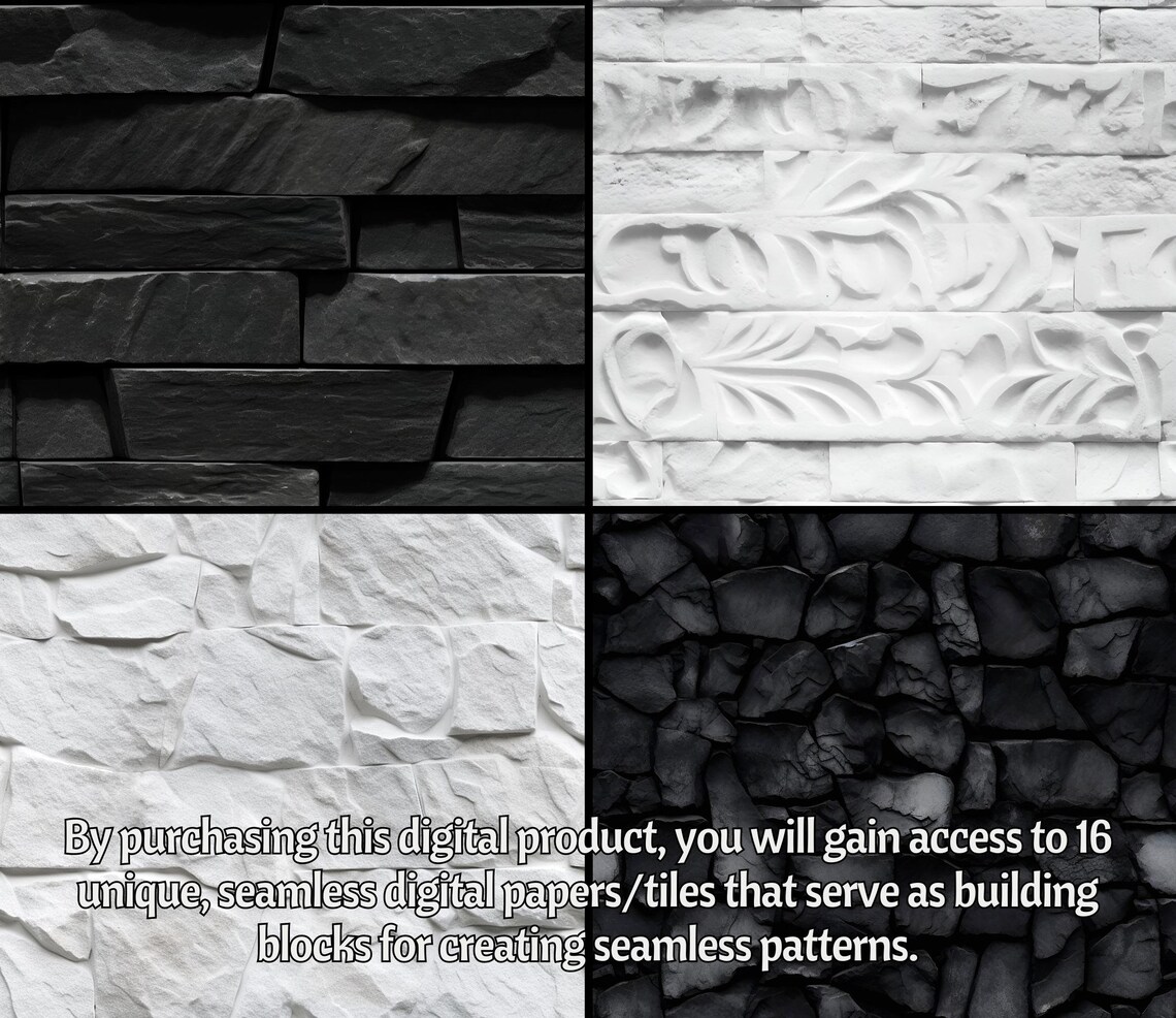 Brick & Stone Wall Textures DIGITAL Papers Printable Black White Walls ...