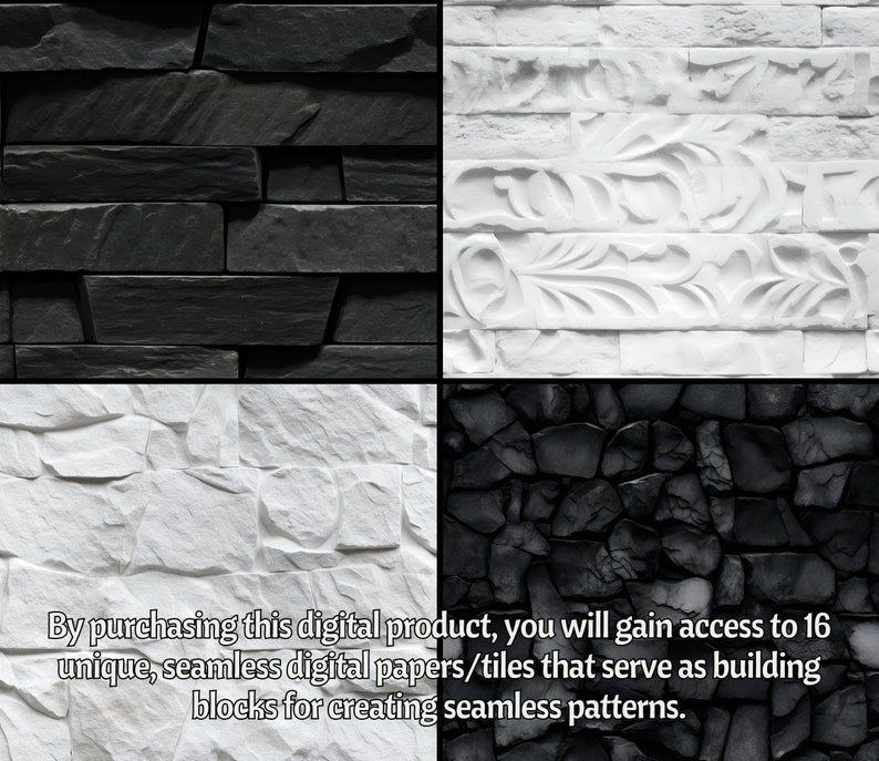 Brick & Stone Wall Textures DIGITAL Papers Printable Black White Walls ...