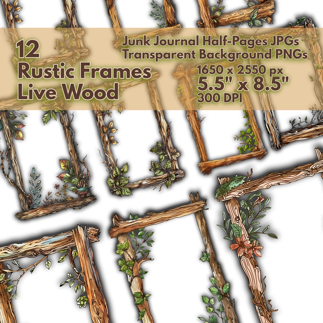 Rustic Wooden Frames Clipart Bundle, Raw Live Wood Frames Junk Journal ...