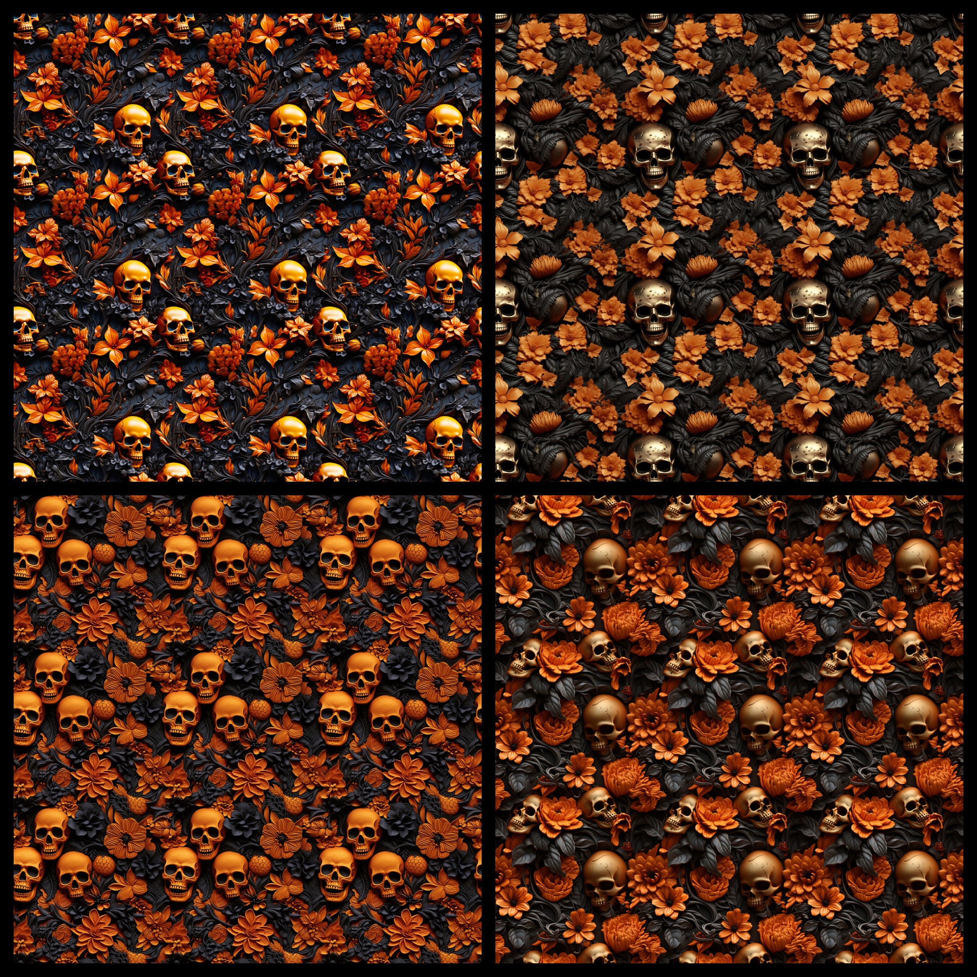 3D Skulls SEAMLESS Patterns PNG JPG Printable Embossed Florals Digital ...