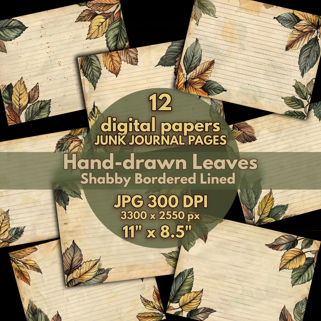 Leaves Bordered Junk Journal Pages, Foliage Border Shabby Lined DIGITAL ...