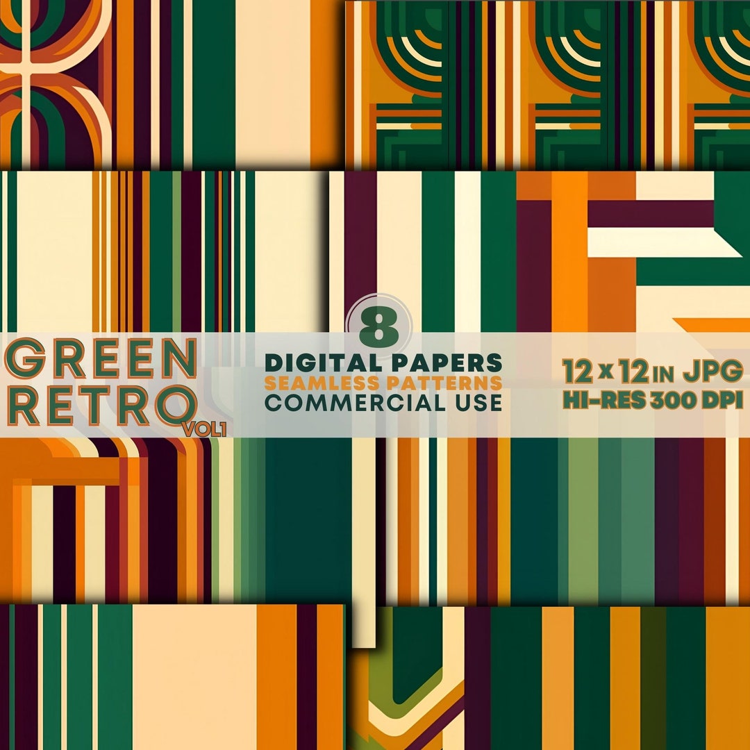 Green Retro Stripes Digital Papers Printable Geometric Striped Seamless ...