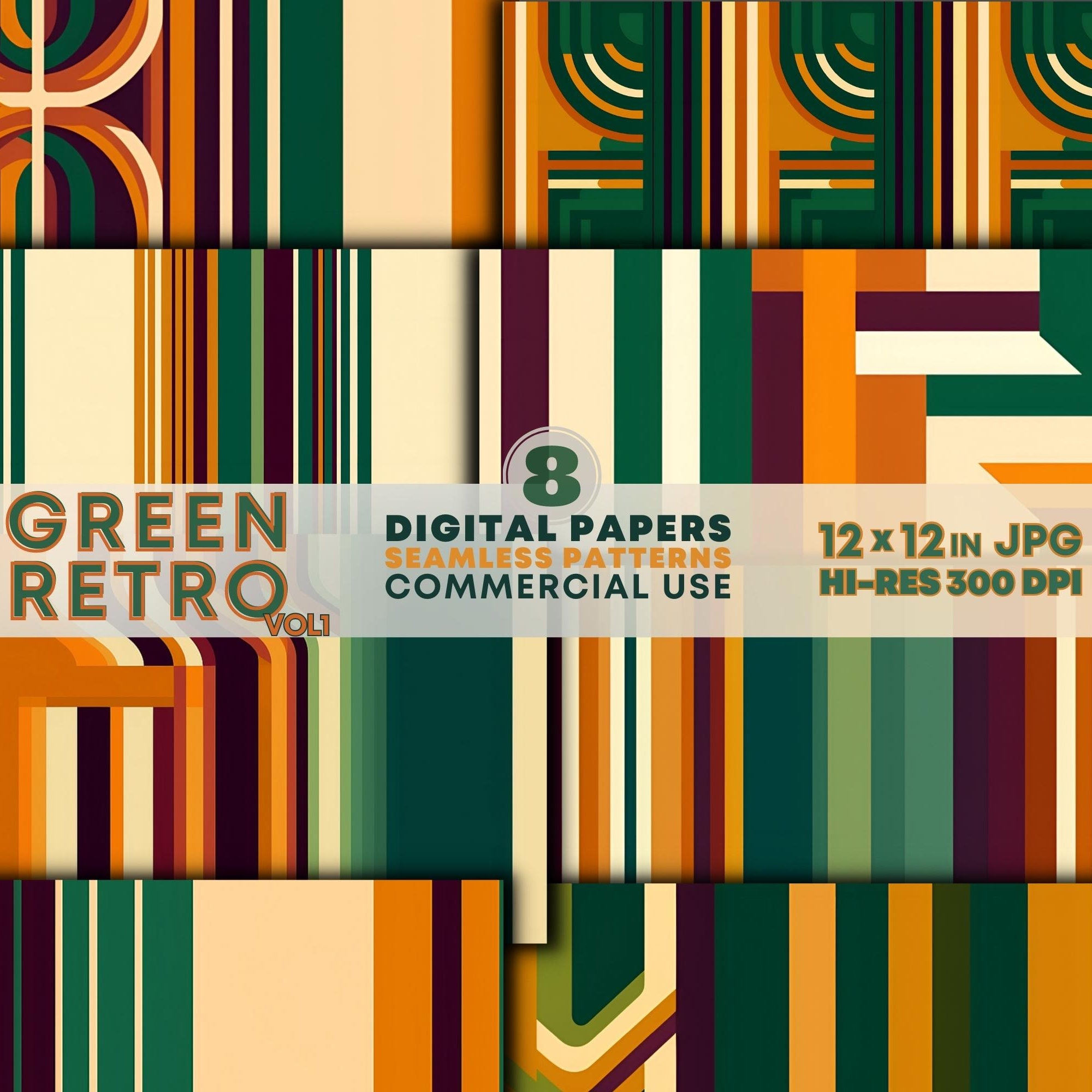 Green Retro Stripes Digital Papers Printable Geometric Striped Seamless ...